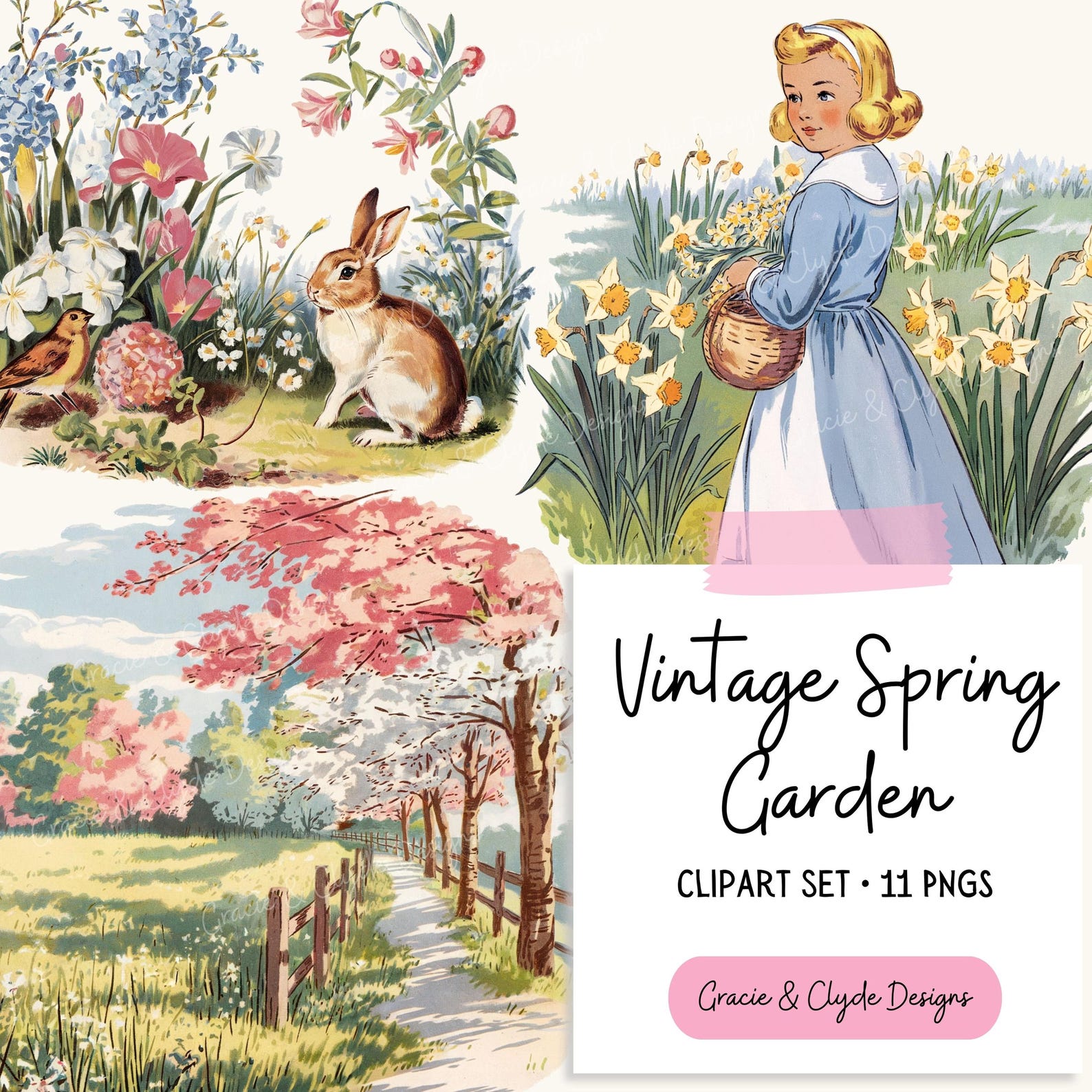 Vintage Spring Garden Clipart Set, Collection of Retro Floral and ...