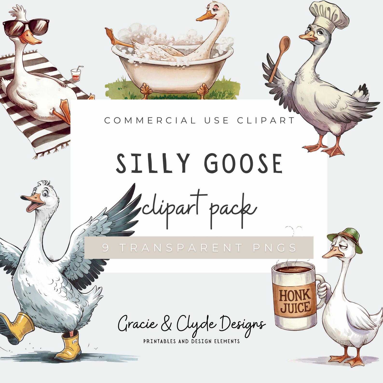 Silly Goose Clipart Set, PNG, Playful & Funny Watercolor Geese, Trendy ...
