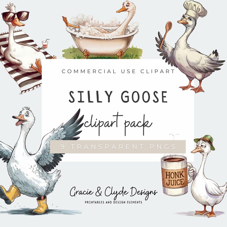 Silly Goose Clipart Set, PNG, Playful & Funny Watercolor Geese, Trendy ...