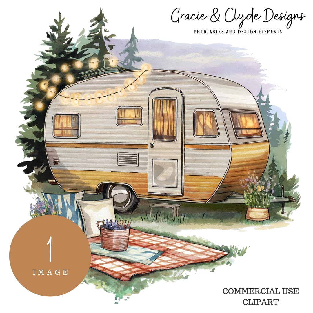 Cozy Camper Clipart | Retro Glamping Trailer | Vintage Camping ...