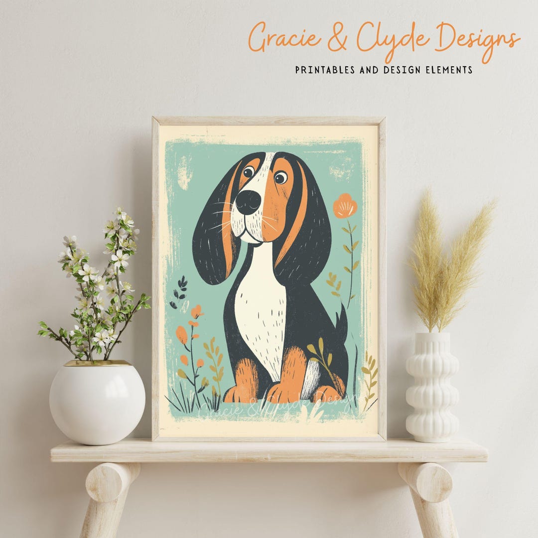 Retro Basset Hound Poster Printable, Whimsical Dog, Dog Art, Wall Art ...