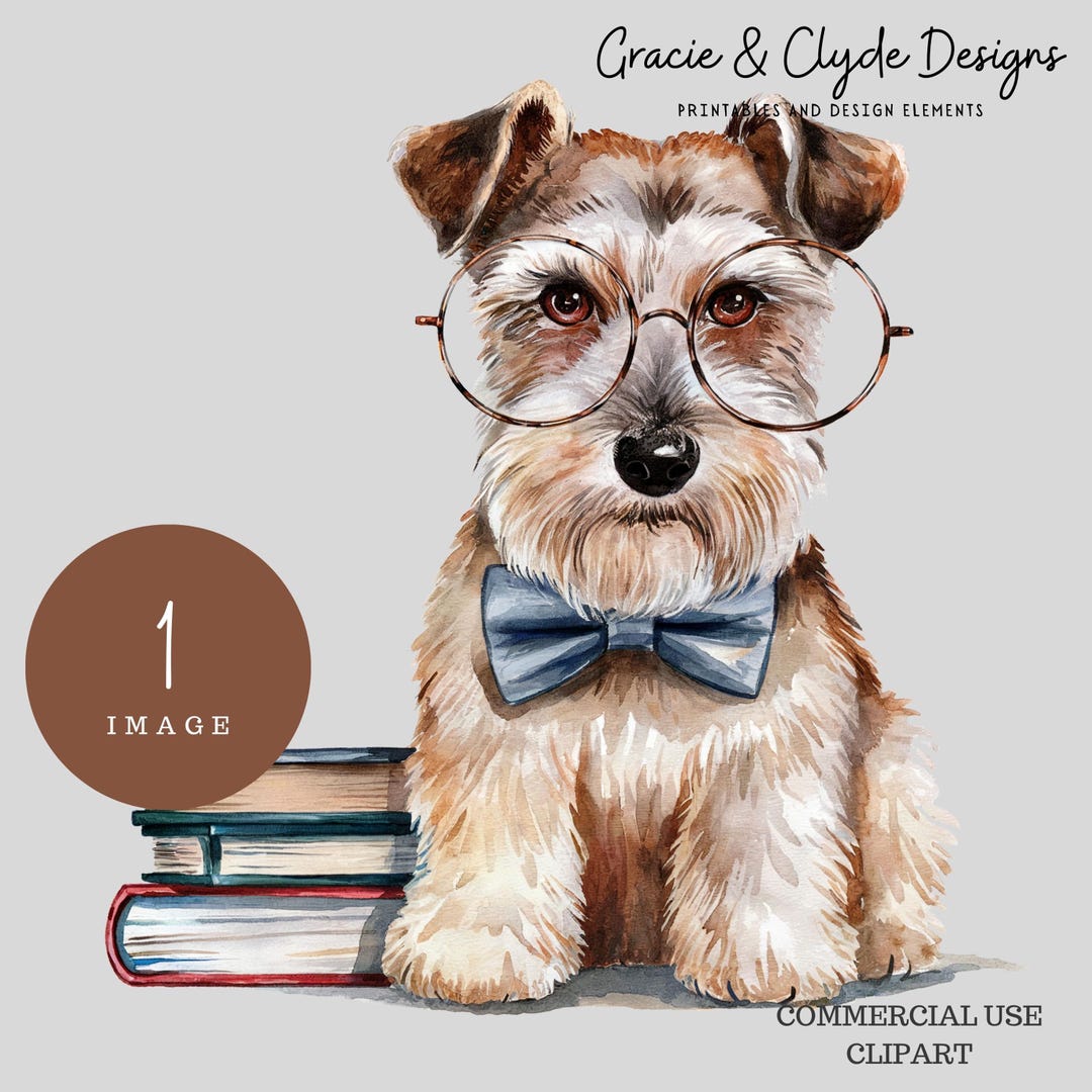 Literary Terrier Clipart | Cute Dog With Glasses & Books | Scholarly ...
