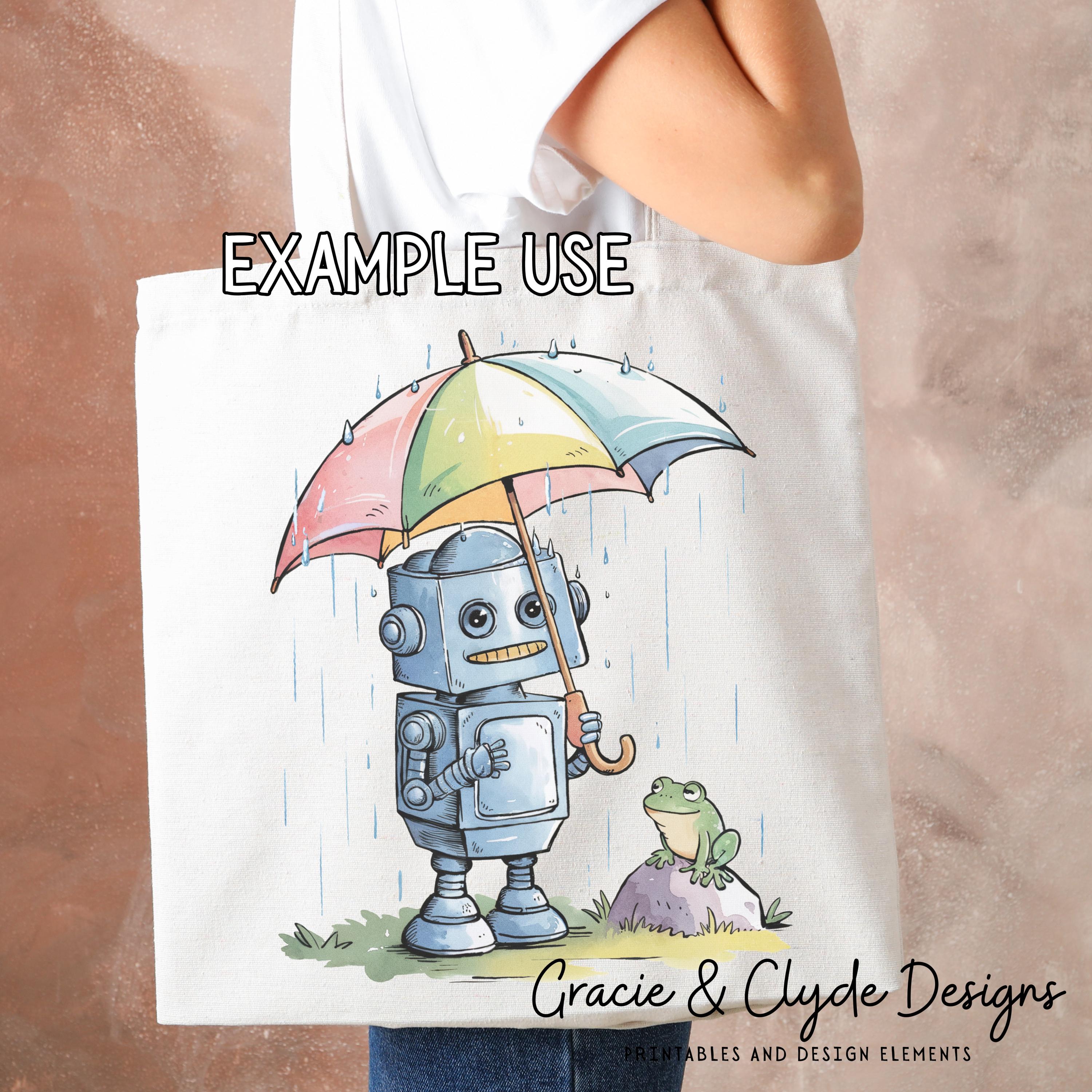Umbrella Bot, Cute Robot Clipart, PNG, Whimsical Robot With Umbrella and Frog, Watercolor Sci-fi ...