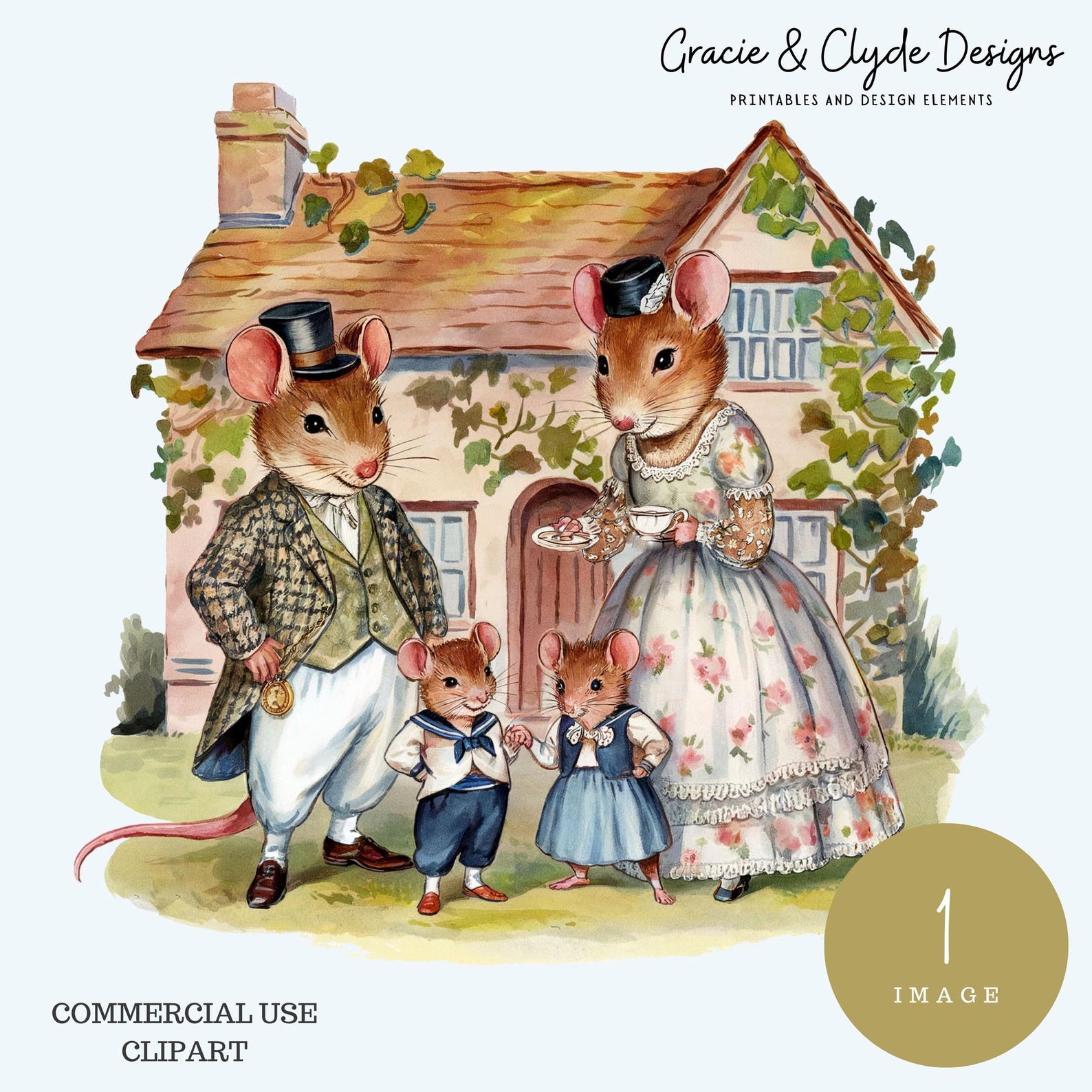 Victorian Mouse Family Clipart, PNG, Vintage Cottage Core Animal ...