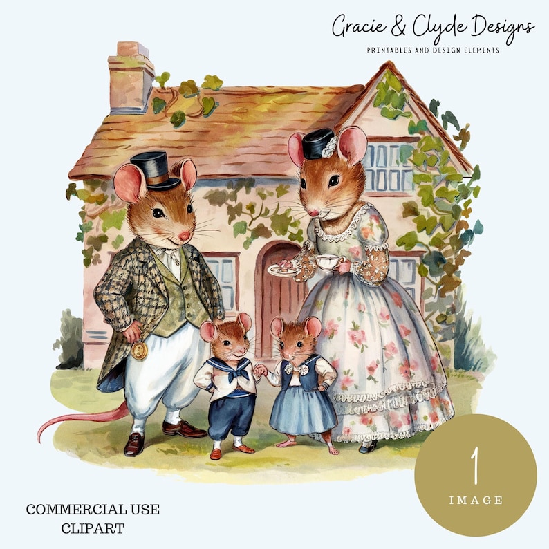 Victorian Mouse Family Clipart, PNG, Vintage Cottage Core Animal ...