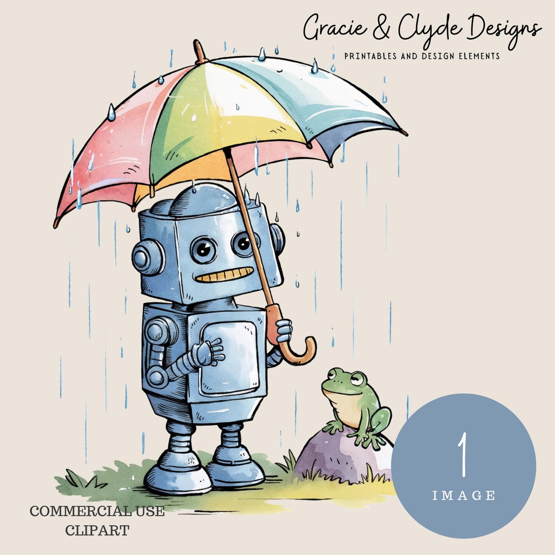 Umbrella Bot, Cute Robot Clipart, PNG, Whimsical Robot With Umbrella and Frog, Watercolor Sci-fi ...