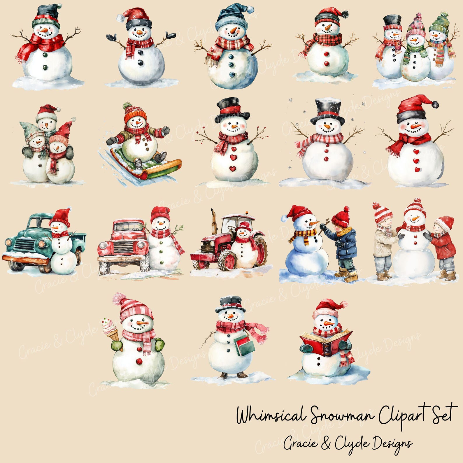 Whimsical Snowman Clipart Set for Holiday Crafts and Winter Magic, Snow ...