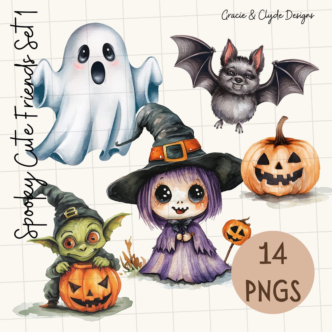 Spooky Cute Friends Clipart Set 1, 14 Watercolor Pngs of Halloween ...