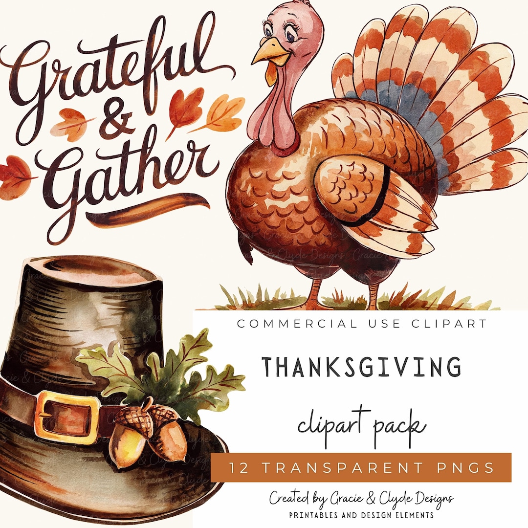 Thanksgiving Clipart Bundle – Turkey, Pumpkin Pie, Cornucopia & Gobble ...