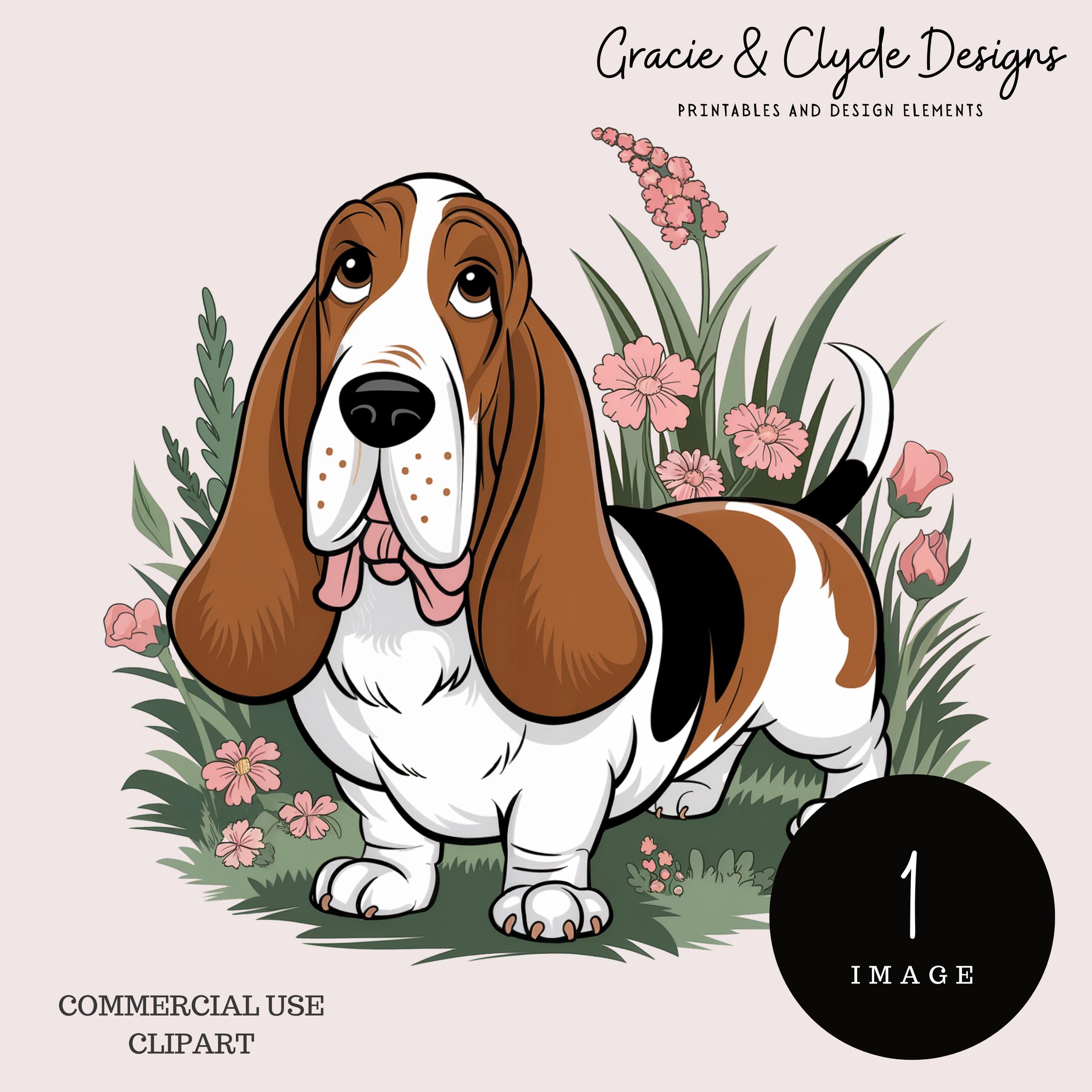Blossom Basset, Floral Basset Hound Clipart, PNG, Whimsical Dog Art ...