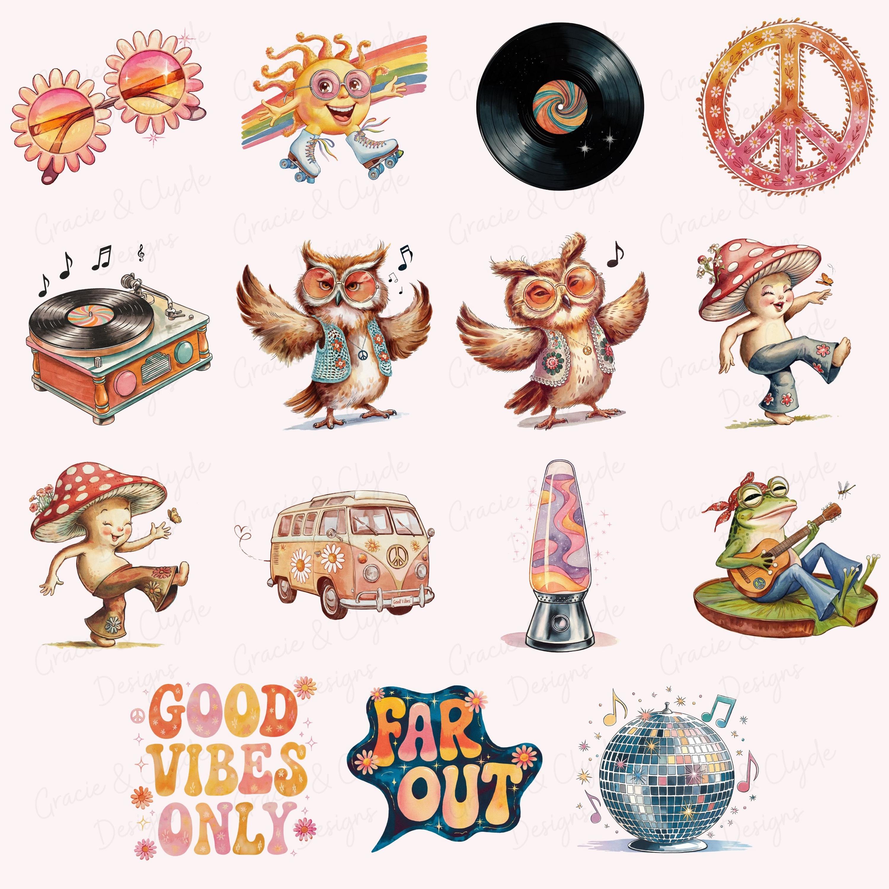 Retro Groovy Clipart, 70s Aesthetic PNG Set, Hippie Sublimation ...