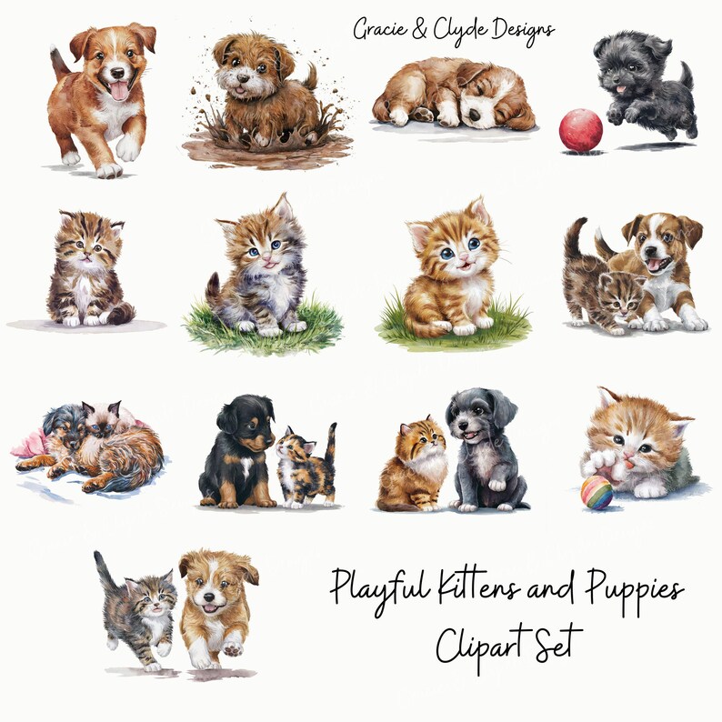 Whimsical Watercolor Clipart Set: Playful Kittens and Puppies, 13 Pngs ...