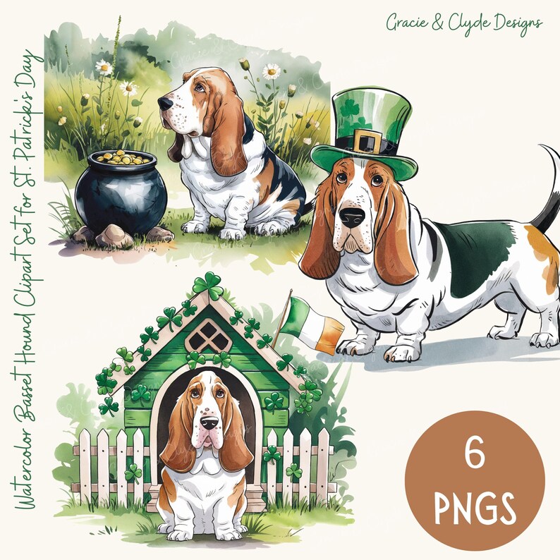 Watercolor Basset Hound Clipart Set for St. Patrick's Day, Irish Dog ...