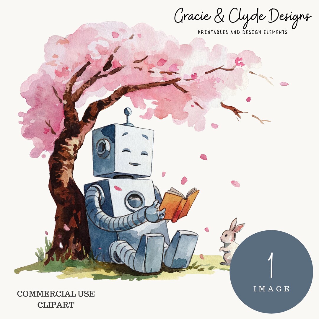 Storytime Automaton Clipart | Cute Robot Reading Under Cherry Blossoms ...
