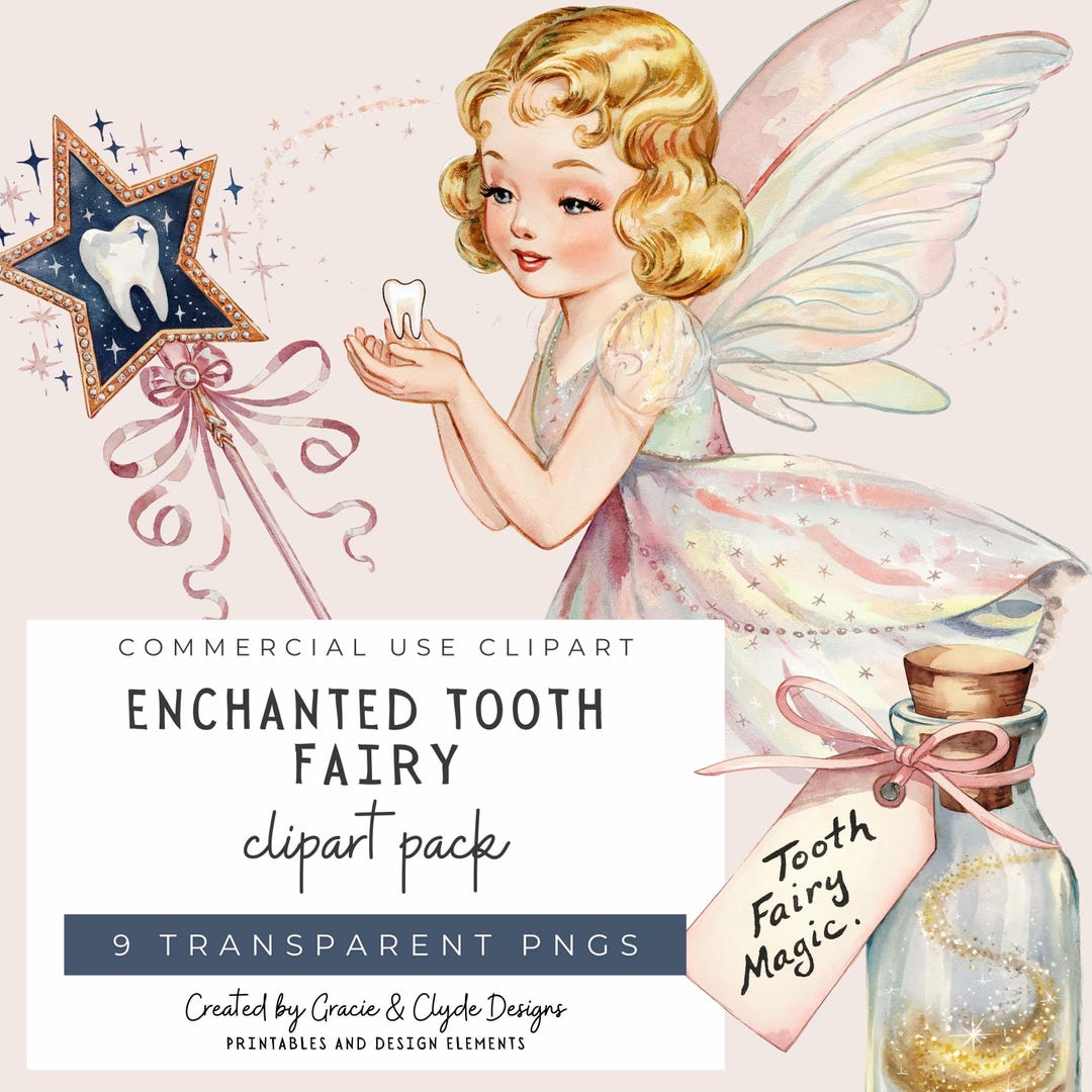 Enchanted Tooth Fairy Clipart Set, Magical Fairy Pngs, Vintage Tooth ...