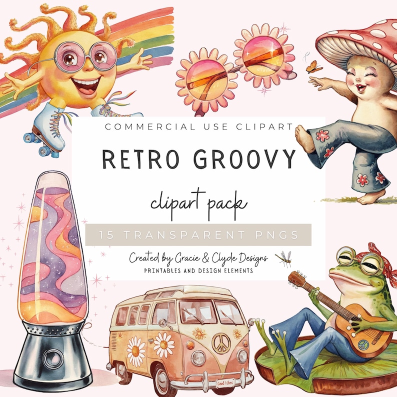 Retro Groovy Clipart, 70s Aesthetic PNG Set, Hippie Sublimation ...