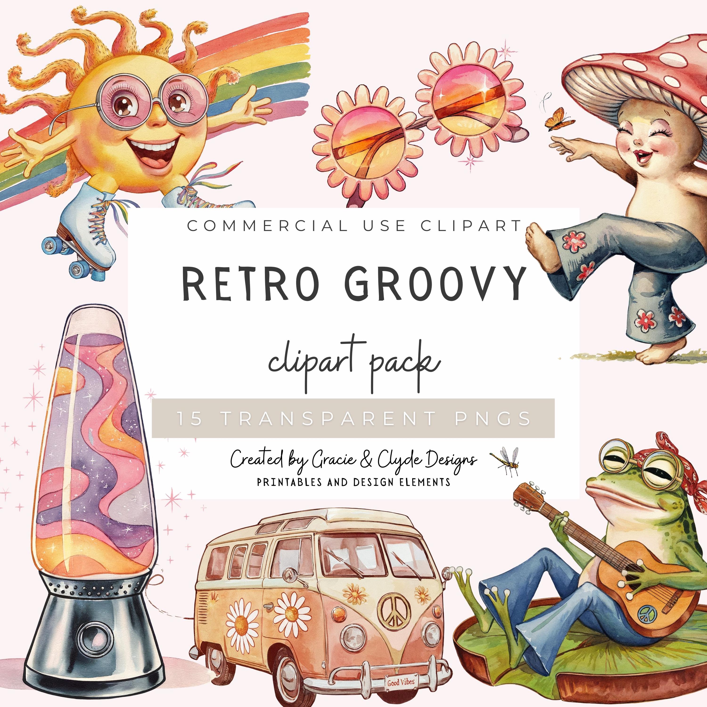 Retro Groovy Clipart, 70s Aesthetic PNG Set, Hippie Sublimation ...