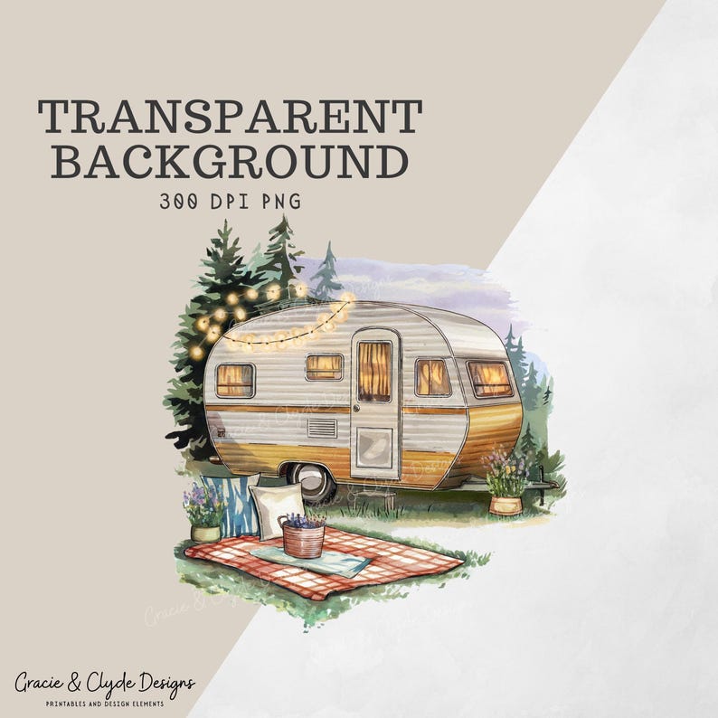 Cozy Camper Clipart | Retro Glamping Trailer | Vintage Camping ...