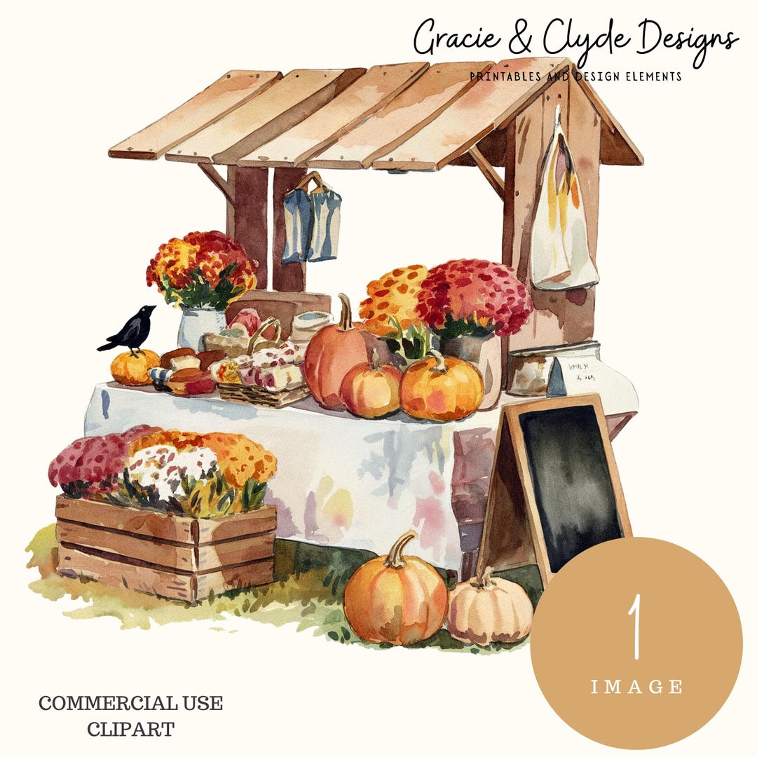 Fall Market Stand Clipart | Autumn Farmers Stall PNG | Pumpkin Flower ...