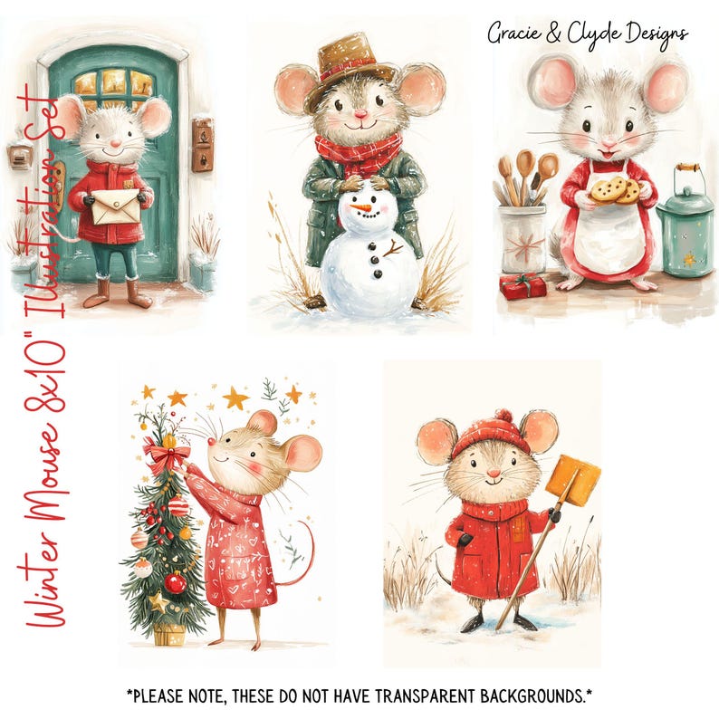 Winter Mouse Illustration Clipart Set, PNG File, Christmas Mouse ...