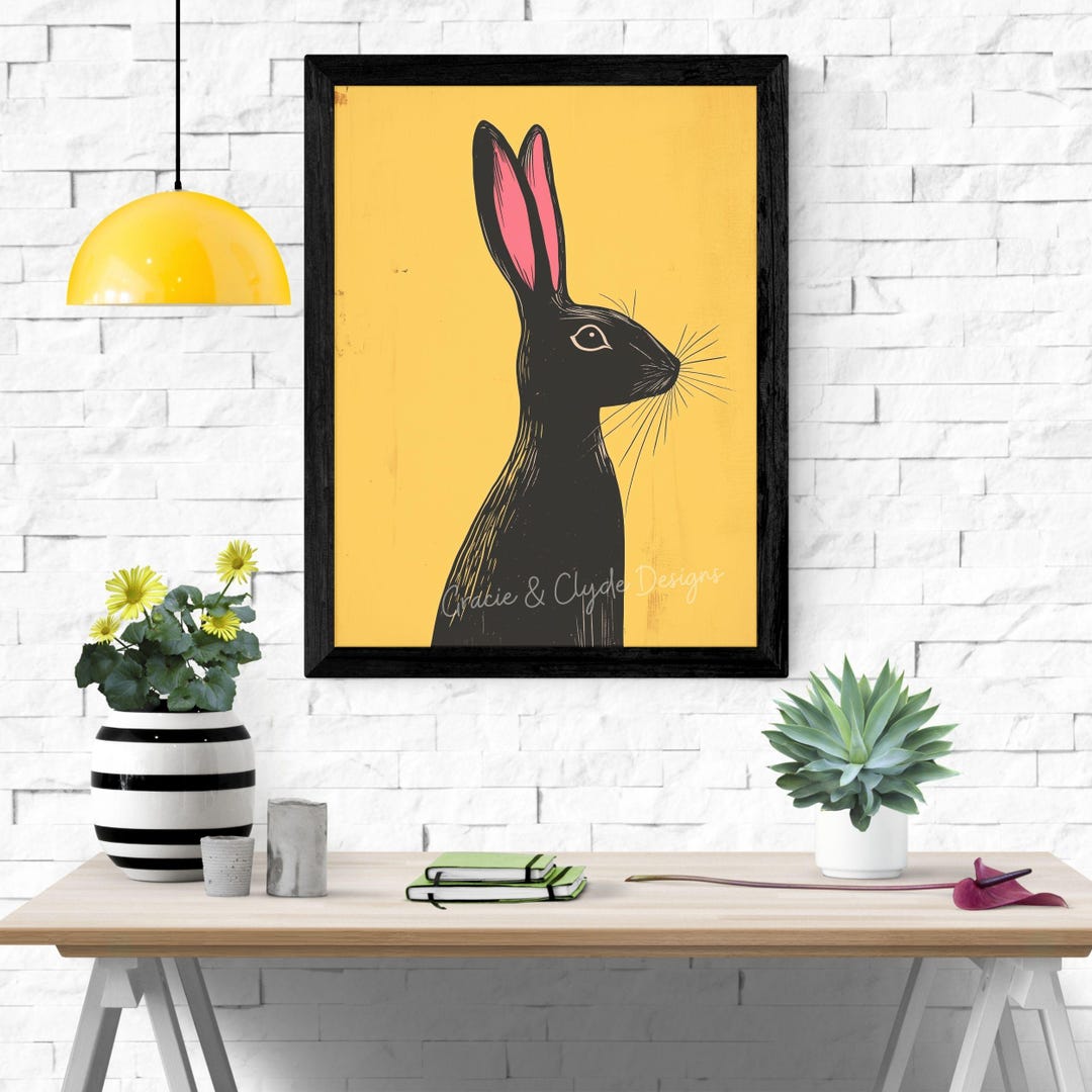 Retro Black Rabbit Poster Printable, Whimsical Rabbit, Rabbit Art, Wall ...