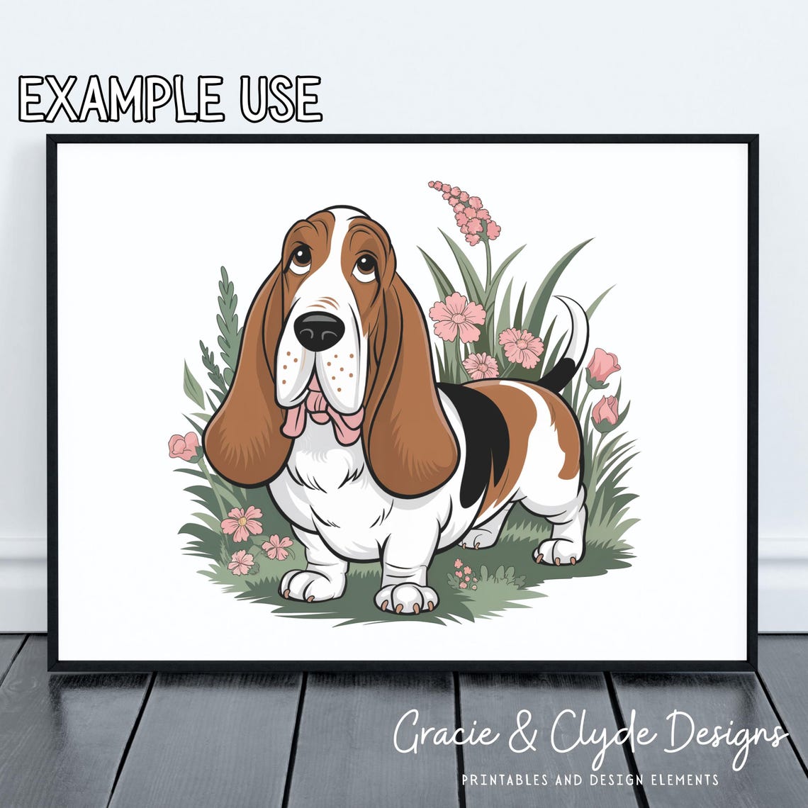 Blossom Basset, Floral Basset Hound Clipart, PNG, Whimsical Dog Art ...
