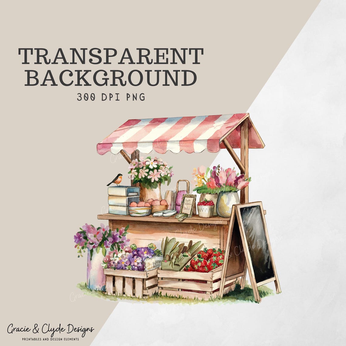 Market Day Whimsy, Watercolor Farmers Market Stand Clipart, PNG ...