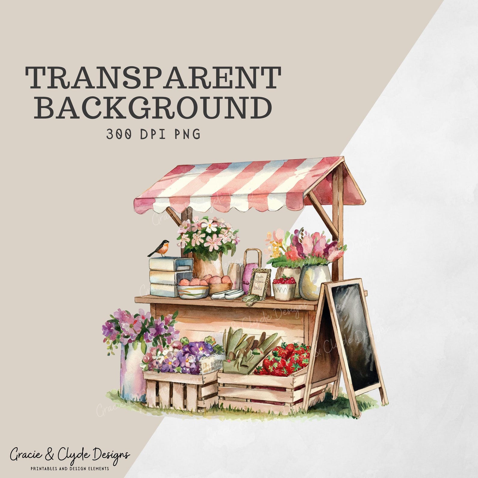 Market Day Whimsy, Watercolor Farmers Market Stand Clipart, PNG ...