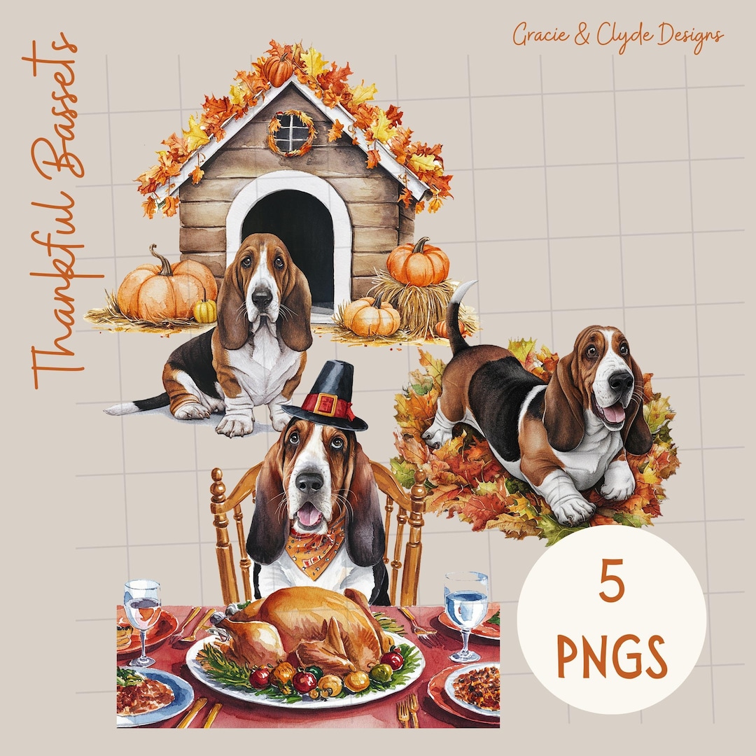 Watercolor Thankful Bassets Clipart Pack, 5 Pngs, Cute Dog Clipart ...
