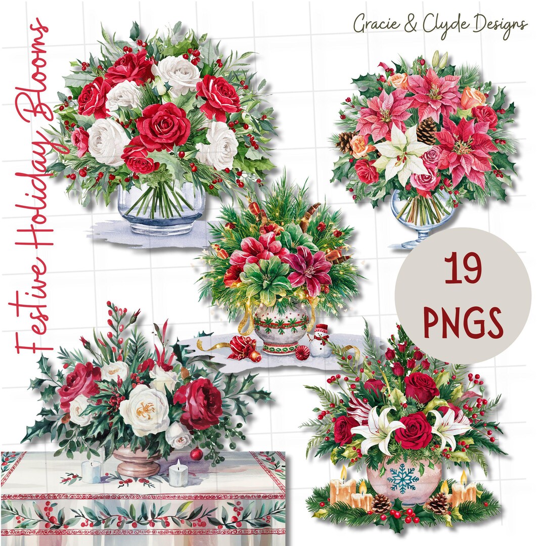 Festive Holiday Blooms Clip Art, Christmas PNG, Christmas Clip Art ...
