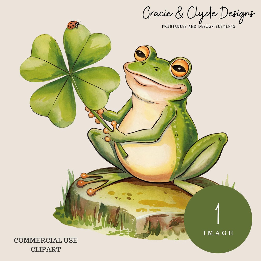 Lucky Leap, Whimsical Frog With Four-leaf Clover Clipart, PNG, St ...