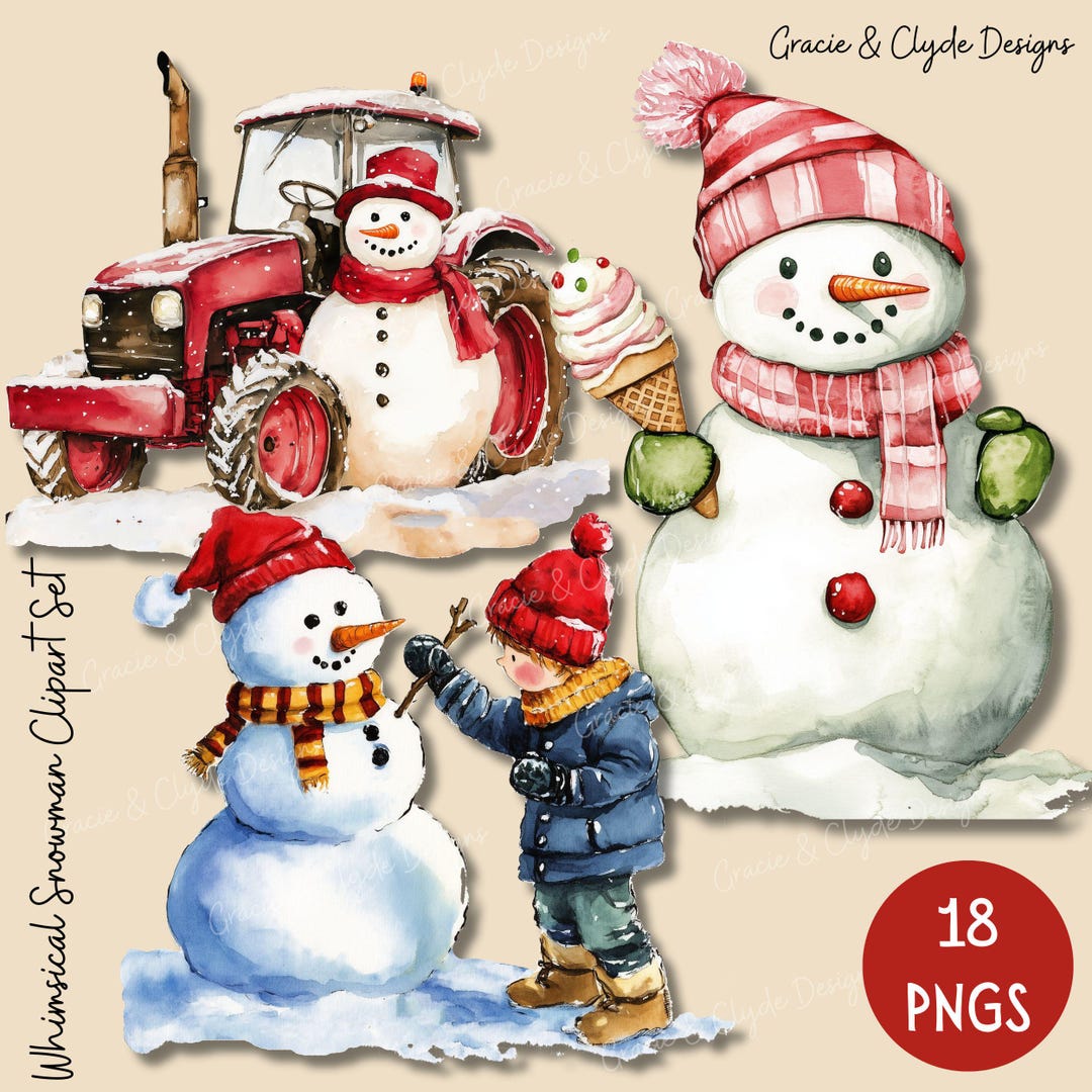 Whimsical Snowman Clipart Set for Holiday Crafts and Winter Magic, Snow ...