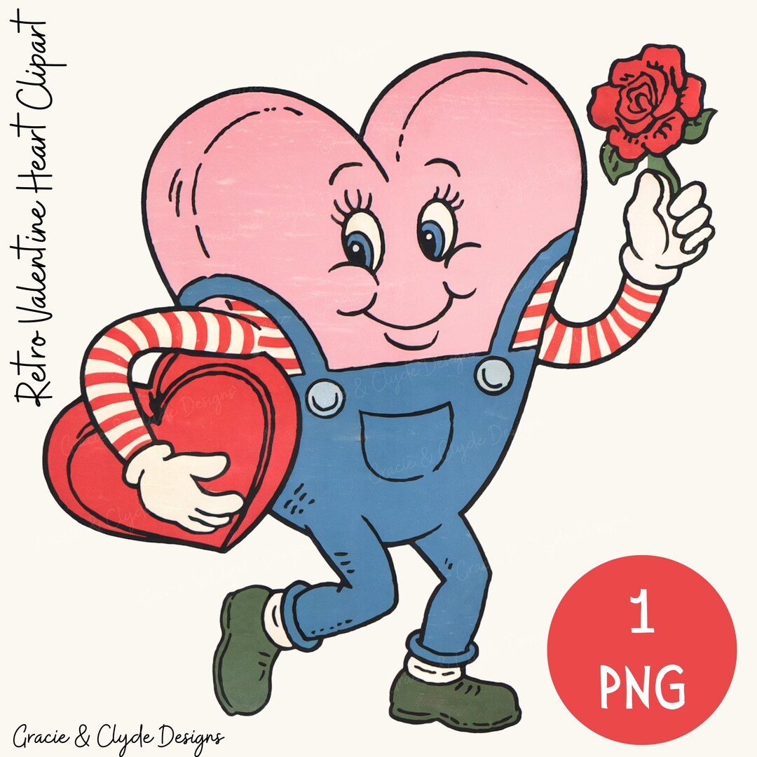 Retro Valentine Heart Clipart – Vintage-inspired Love Character Holding ...