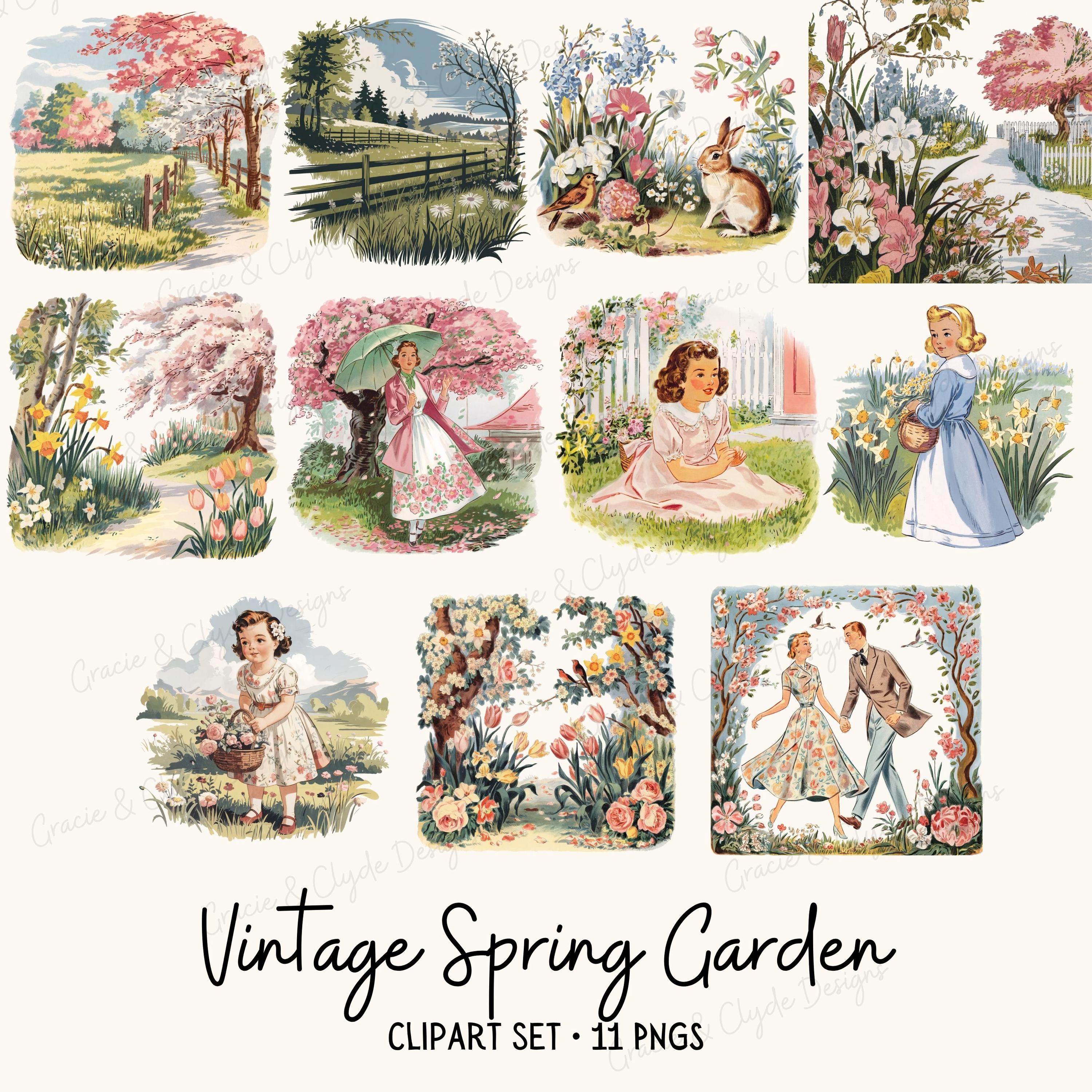 Vintage Spring Garden Clipart Set, Collection of Retro Floral and ...
