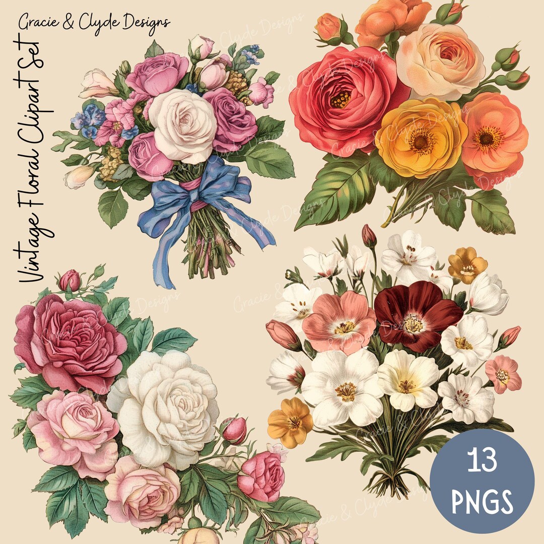 Romantic Vintage Floral Clipart Set, DIY Projects, Wedding Invitations ...