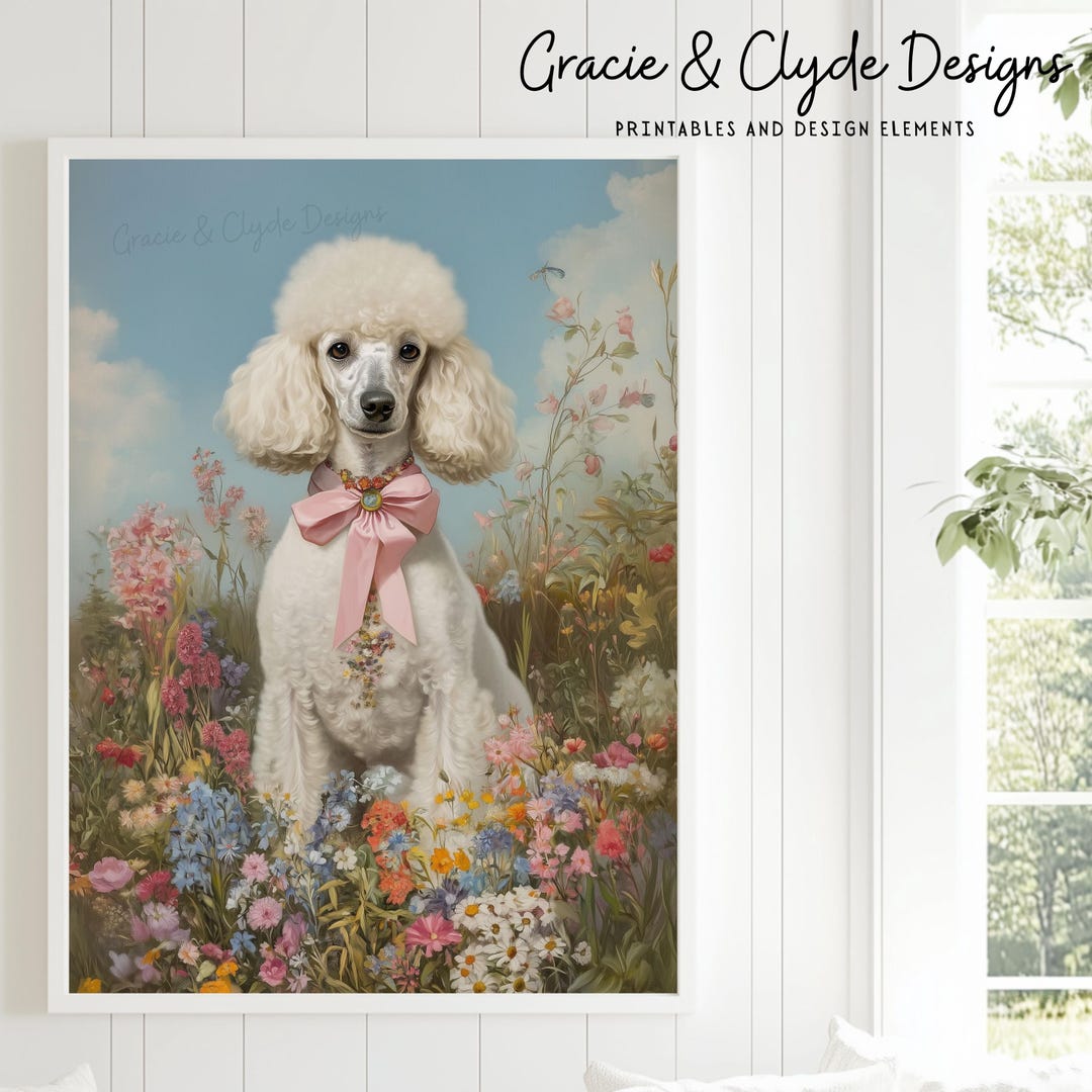 Elegant White Poodle in Floral Garden, Sophisticated Printable Wall Art ...