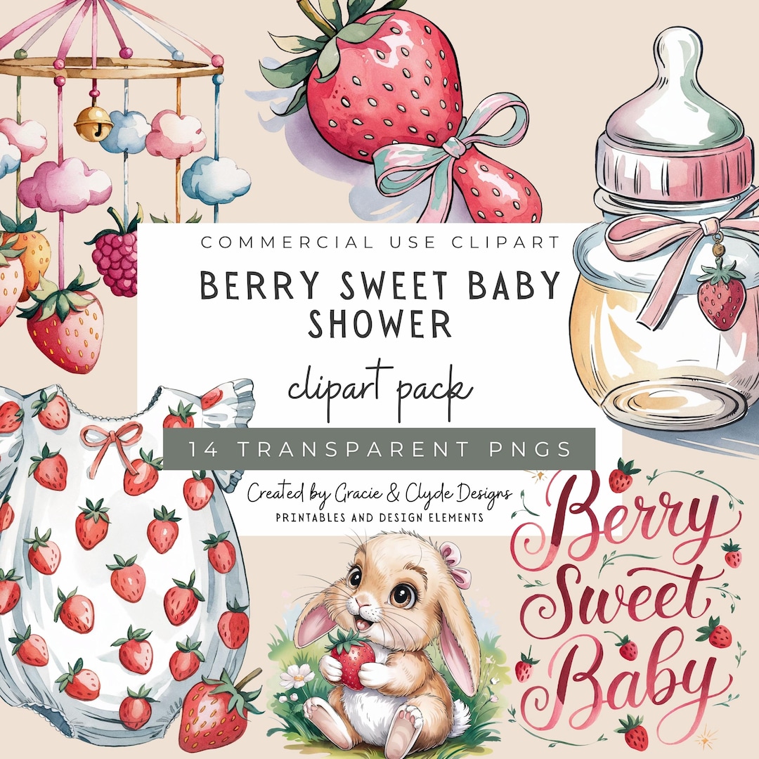 Berry Sweet Baby Shower Clipart Set, Strawberry PNG, Berry Cute Baby ...