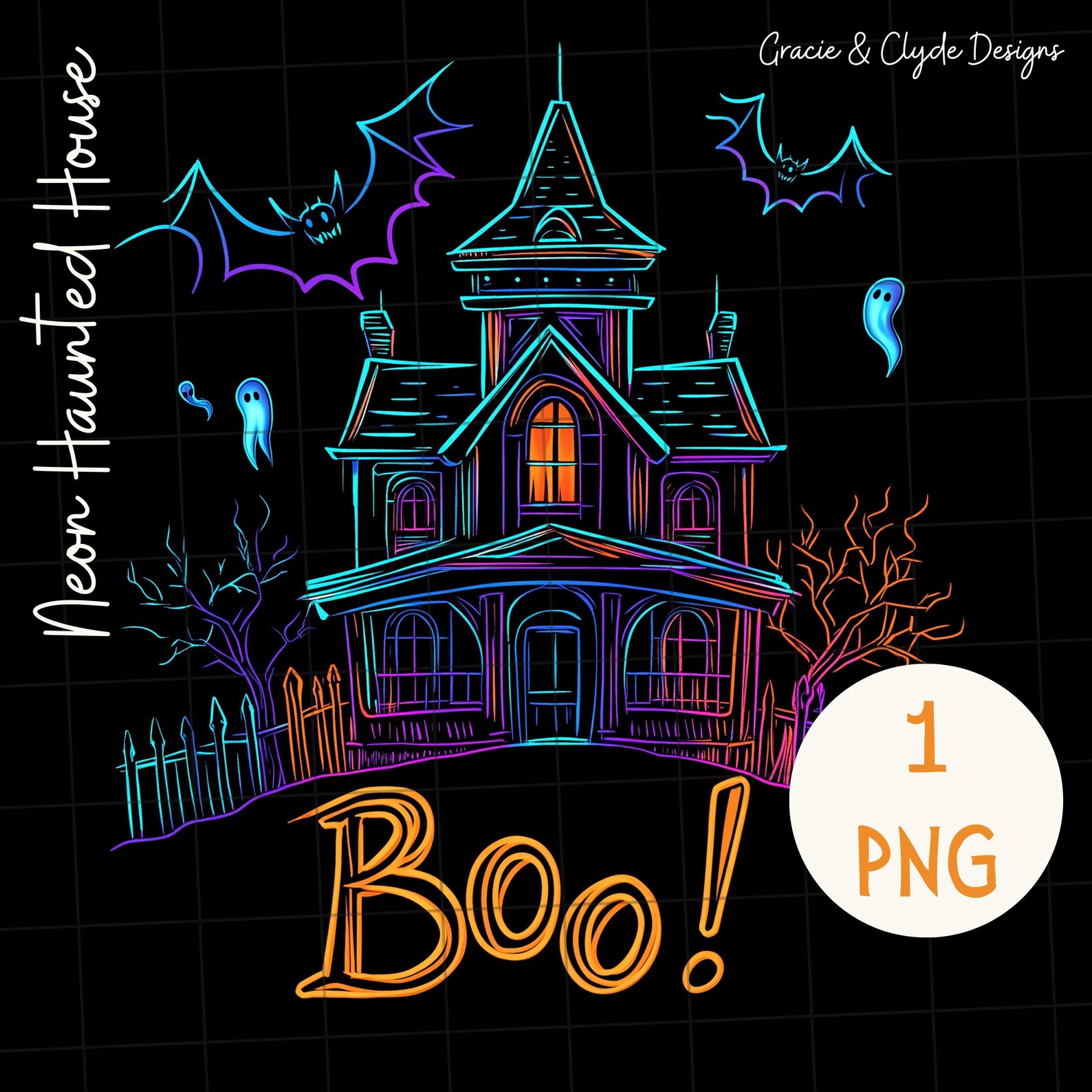Neon Halloween Haunted House Clipart PNG, Spooky Haunted House With Boo ...