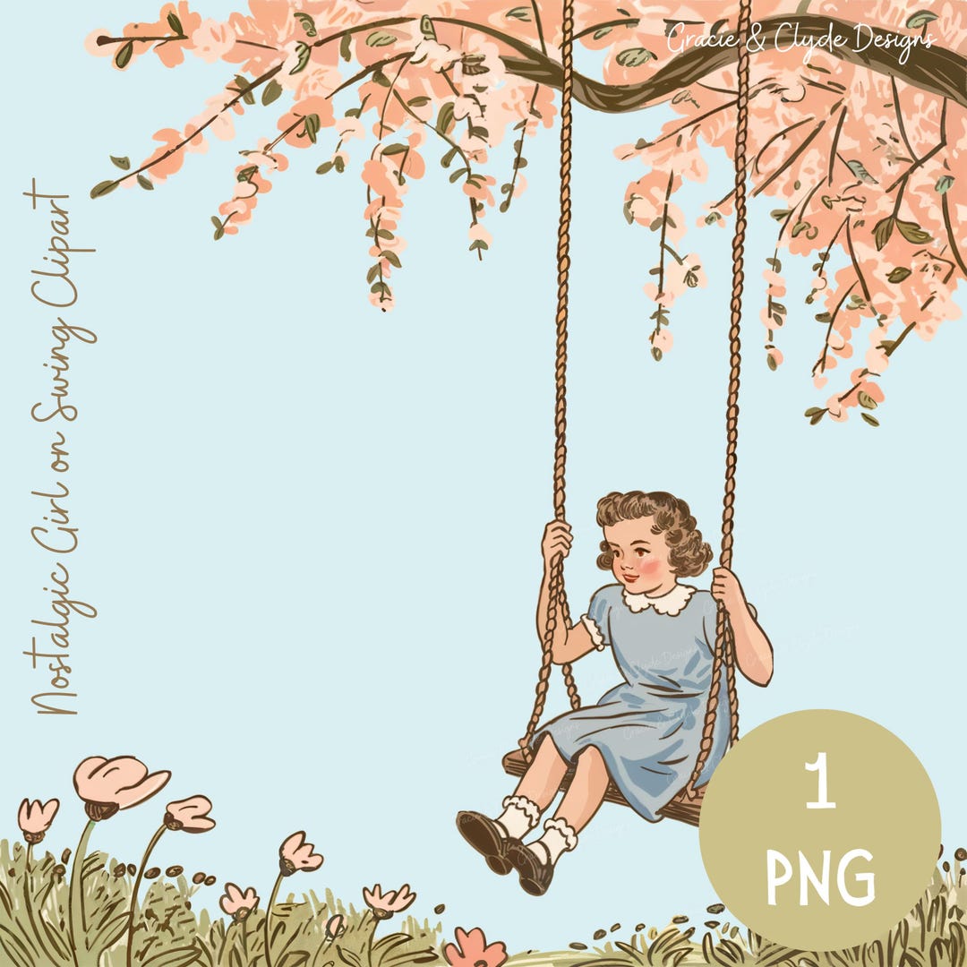 Nostalgic Girl on Swing, Vintage Spring Clip Art for Digital Projects ...