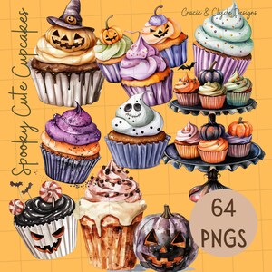 Spooky Cute Cupcakes Clipart Pack, 64 Watercolor Pngs, Pumpkins, Ghosts ...