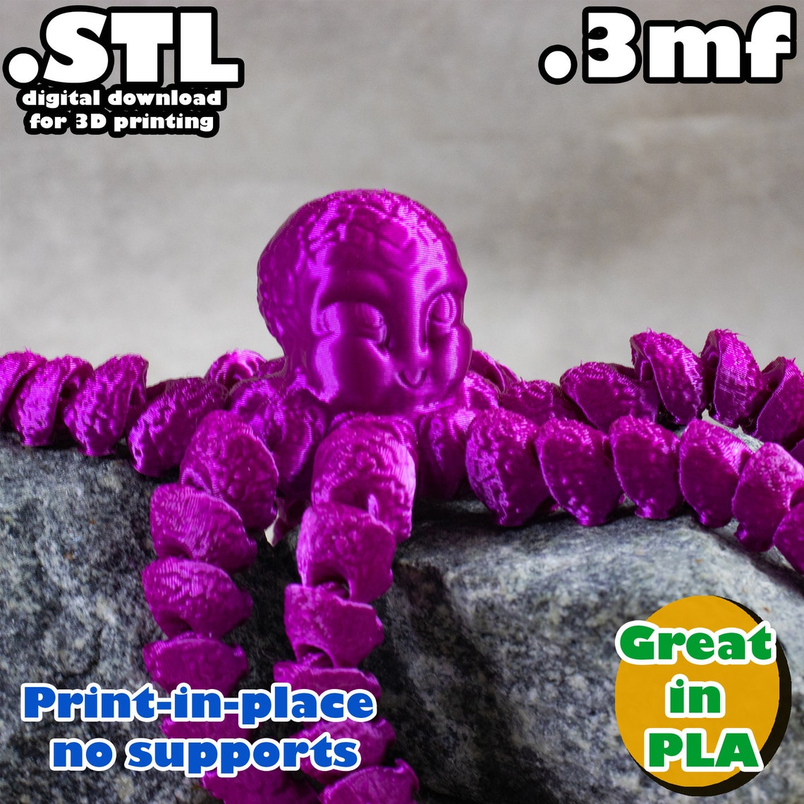 Flexi Octopus Small STL, 3mf, Print in Place, No Support, PLA, 3D Joy ...