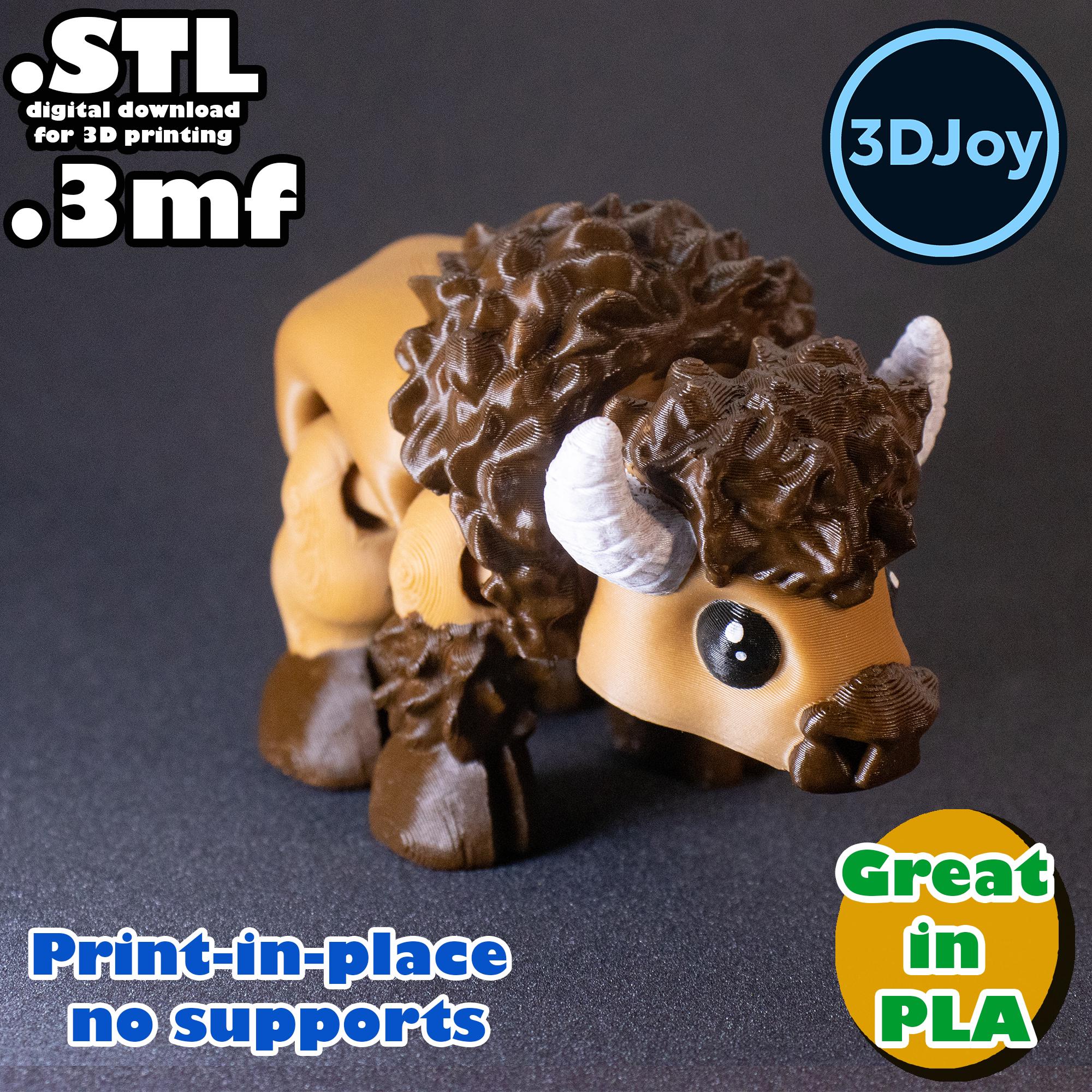 Flexi Buffalo STL, 3mf, Print in Place, No Support, PLA, 3D Joy Store ...