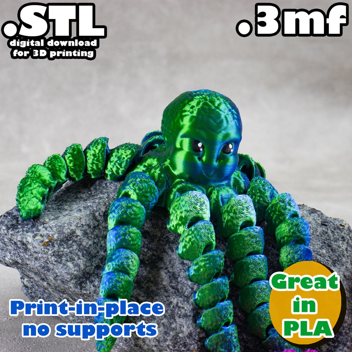 Flexi Octopus Small STL, 3mf, Print in Place, No Support, PLA, 3D Joy ...
