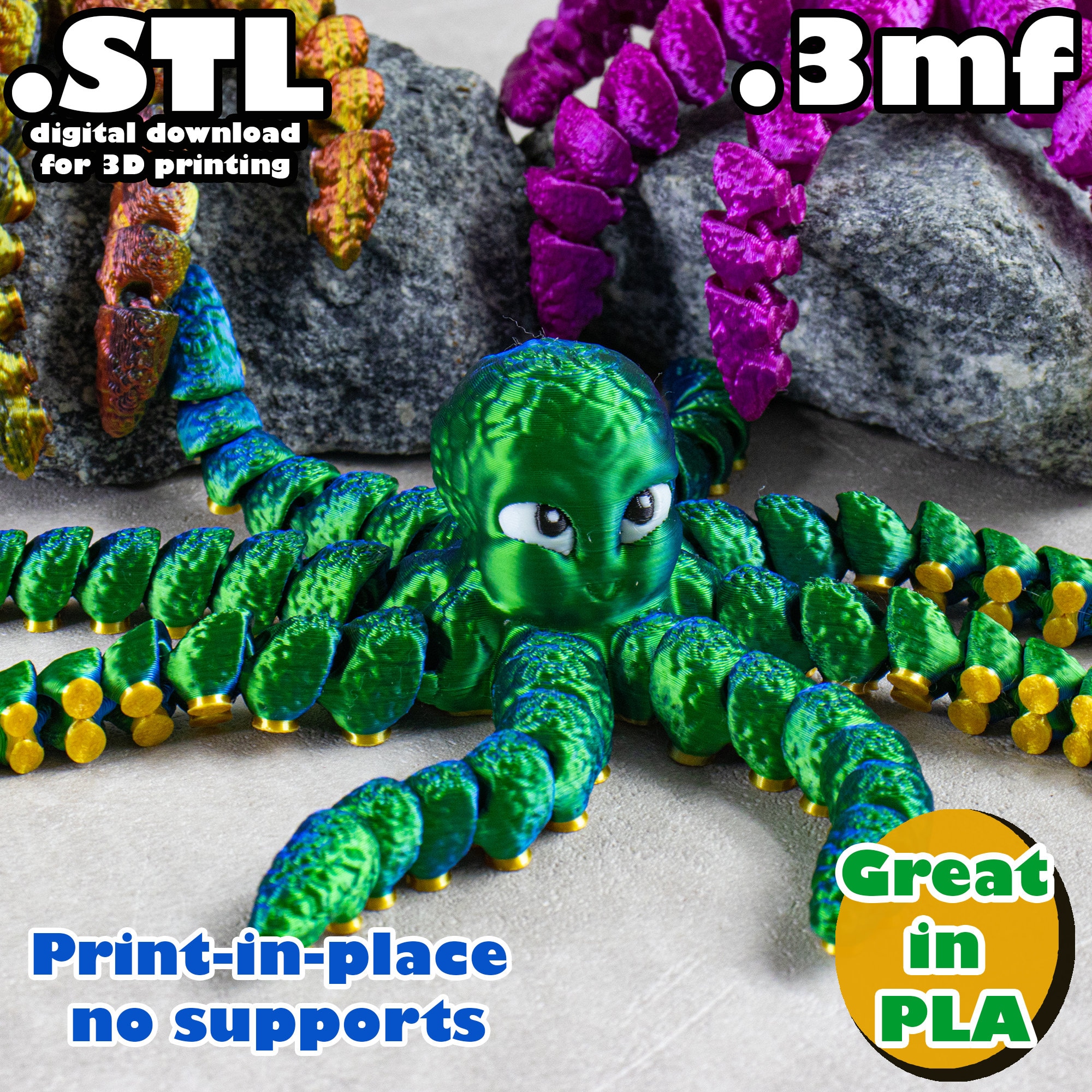 Flexi Octopus Small STL, 3mf, Print in Place, No Support, PLA, 3D Joy ...
