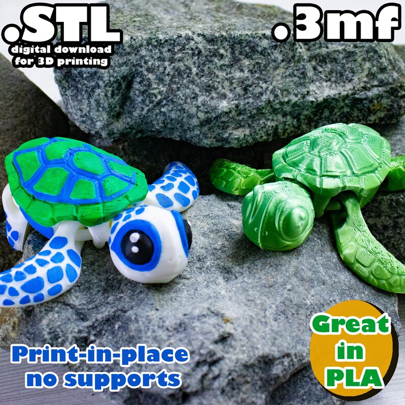 Flexi Little Sea Turtle STL, 3mf, Print in Place, No Support, PLA, 3D ...