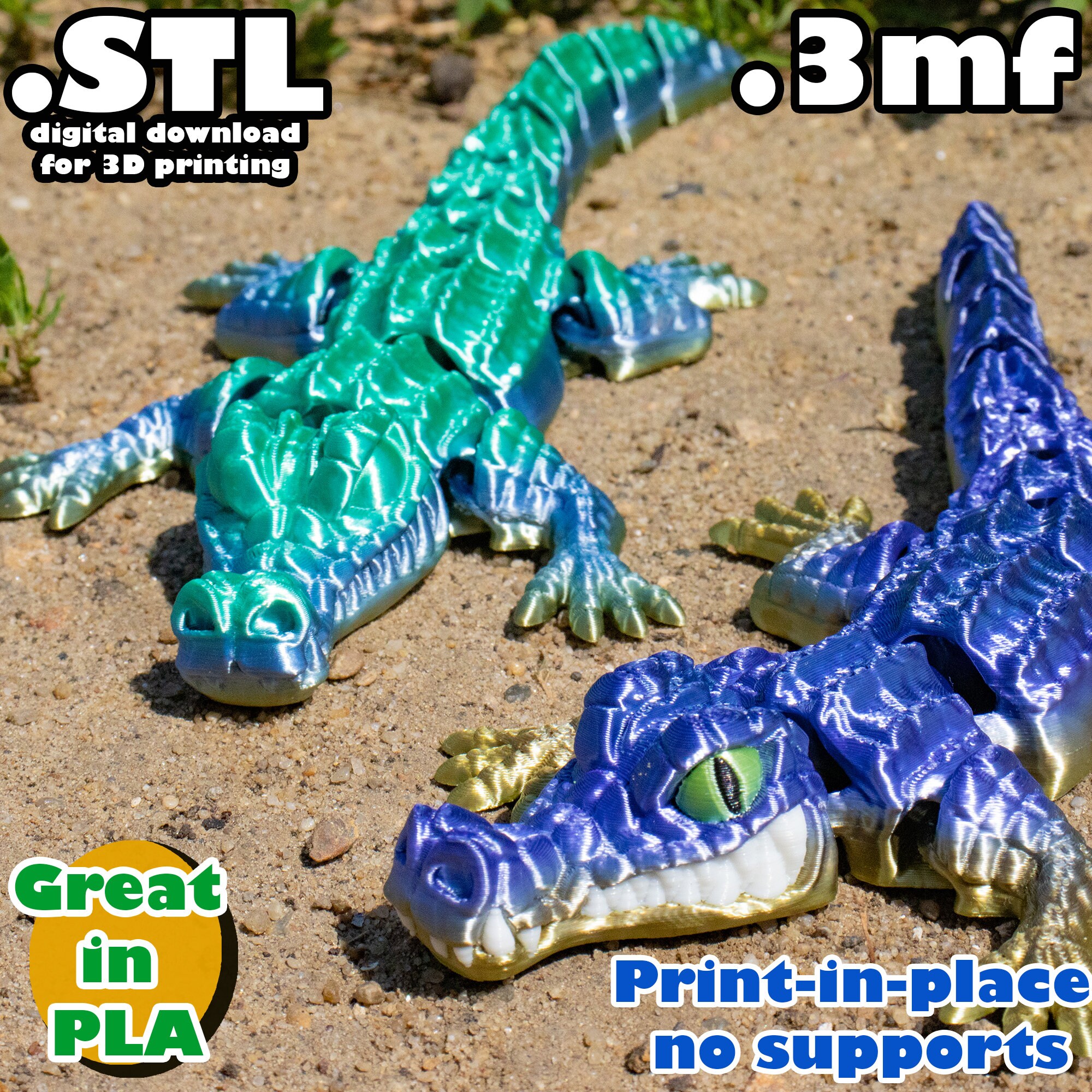 Flexi Crocodile STL, 3mf, Print in Place, No Support, , PLA, 3D Joy ...