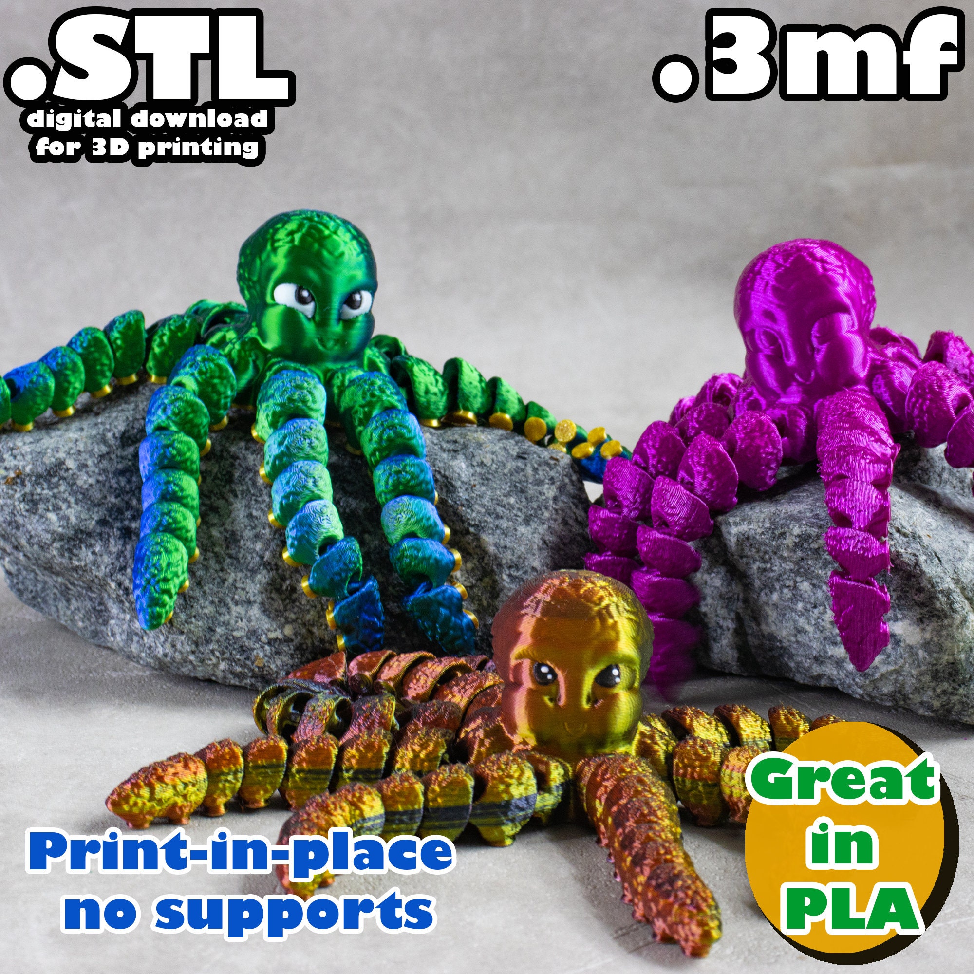 Flexi Octopus Small STL, 3mf, Print in Place, No Support, PLA, 3D Joy ...
