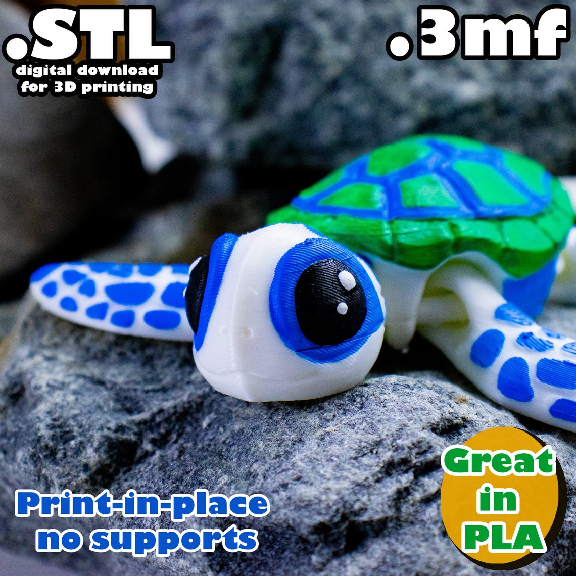 Flexi Little Sea Turtle STL, 3mf, Print in Place, No Support, PLA, 3D ...