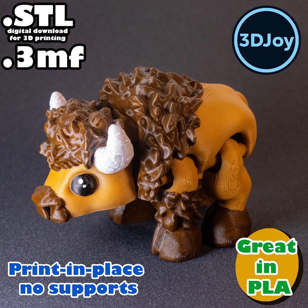 Flexi Buffalo STL, 3mf, Print in Place, No Support, PLA, 3D Joy Store ...