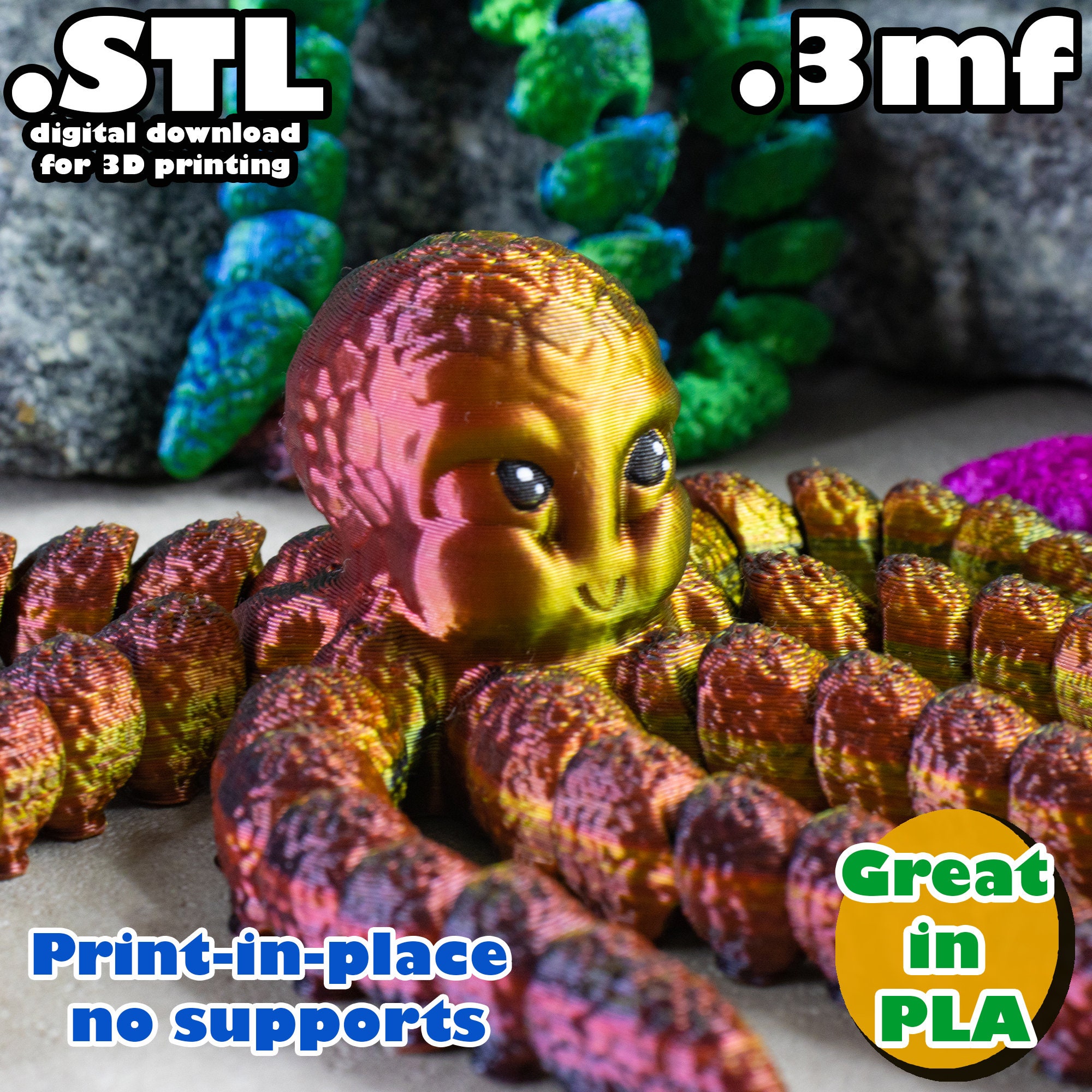 Flexi Octopus Small STL, 3mf, Print in Place, No Support, PLA, 3D Joy ...